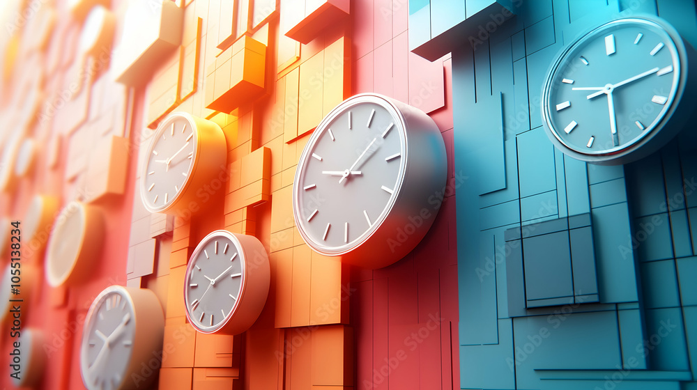 Abstract wall with multiple analog clocks showing different times in a ... Abstract wall with multiple analog clocks showing different times in a ...