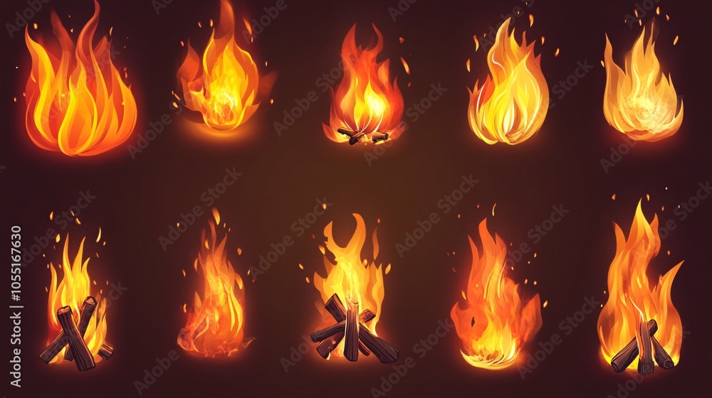 2410 114.A variety of fire flame icons in vector format, featuring ...