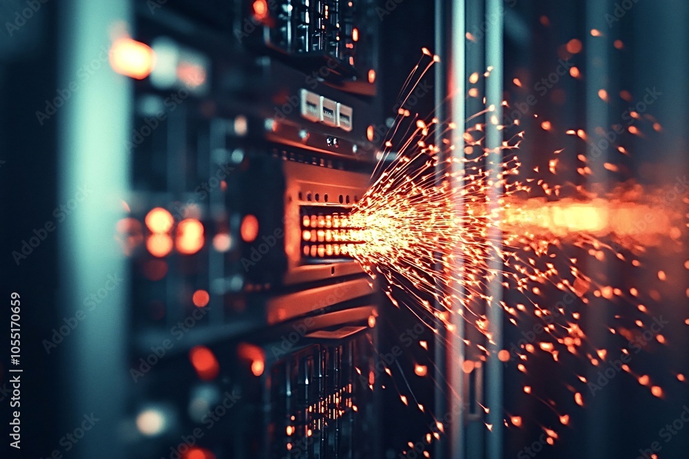 Sparks flying from a server rack in a data center illustrate a critical ...