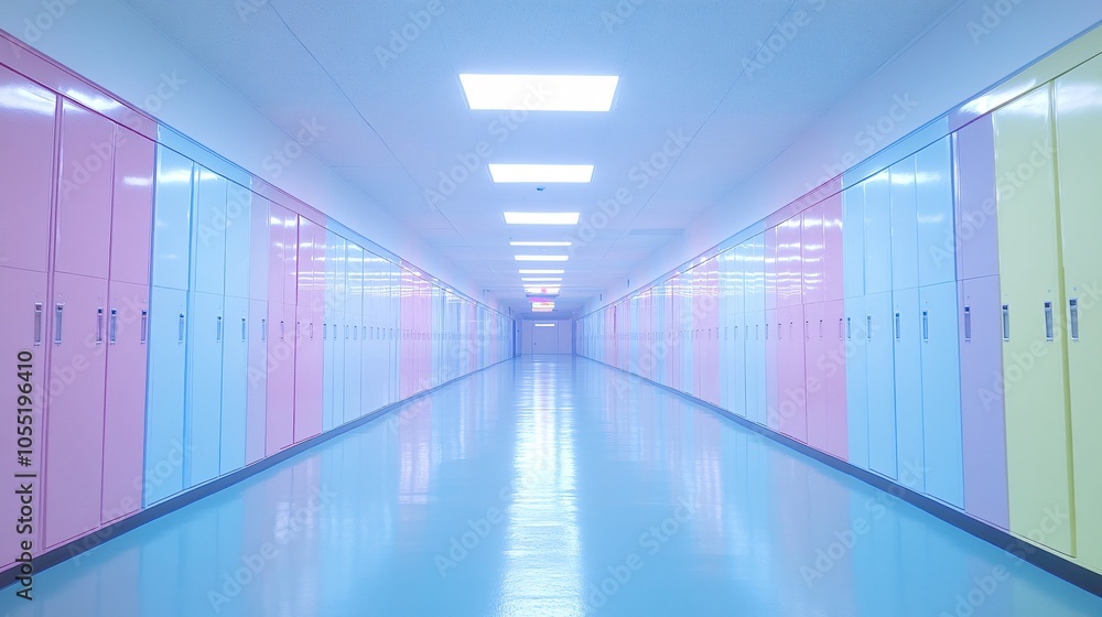 2410 20.A long school hallway lined with identical storage lockers ...