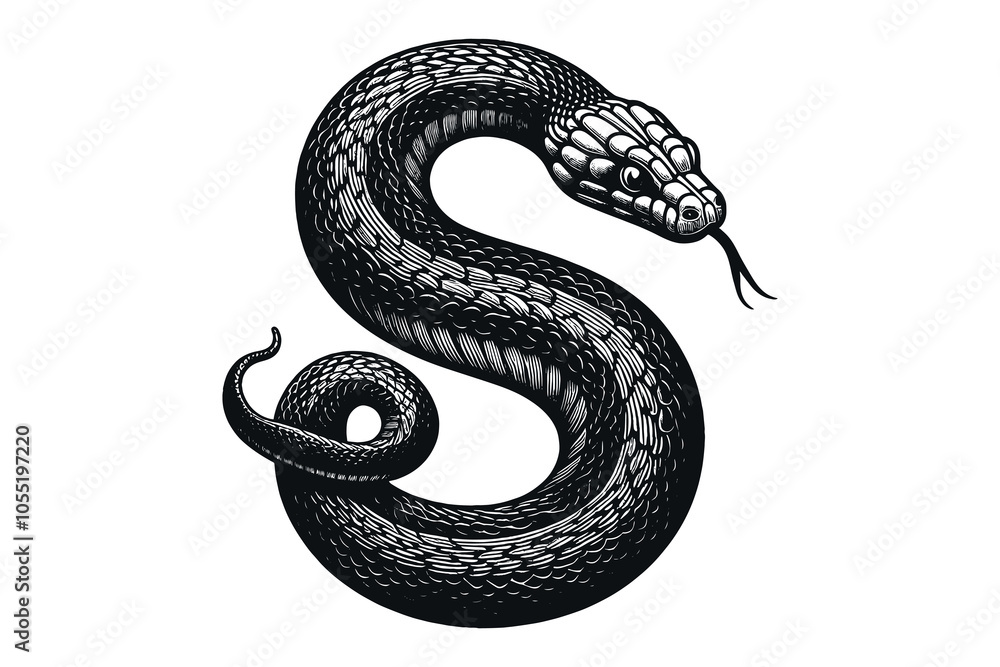 Snake in the shape of the letter S. Vintage vector engraving ...