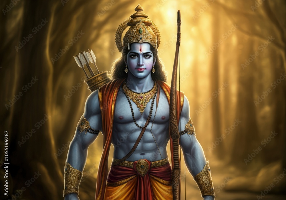 Hindu god lord rama standing in forest, holding bow and arrow, ready ...