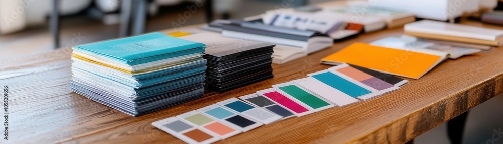 Large wood conference table with stacked brochures, color swatches, and ...