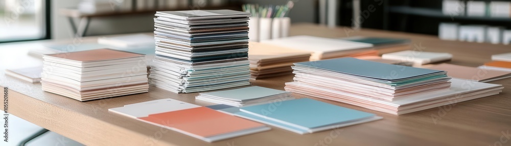 Large wood conference table with stacked brochures, color swatches, and ...