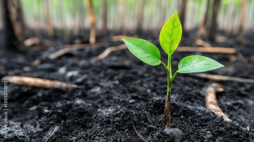 Emerging greenery and young trees in a recovering forest, forest ...