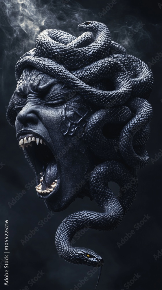 Mythical Medusa head with piercing eyes and dark snake-covered hair, an ...