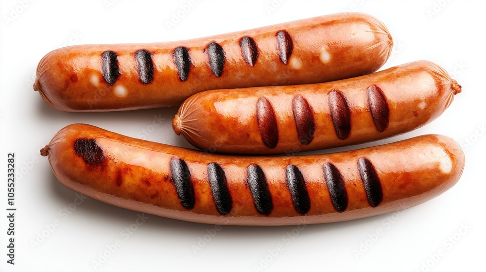 Three grilled sausages with dark grill marks arranged on a white ...