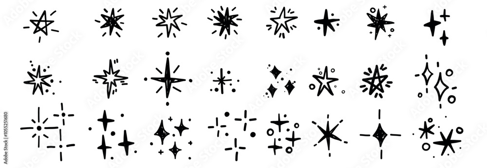 เวกเตอร์ Stock Black cartoon star glittering burst doodle set ...