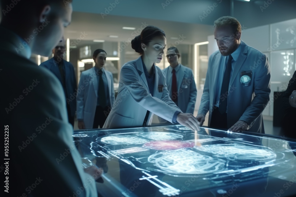 Medical researchers collaborate at a hospital research center, focusing ...