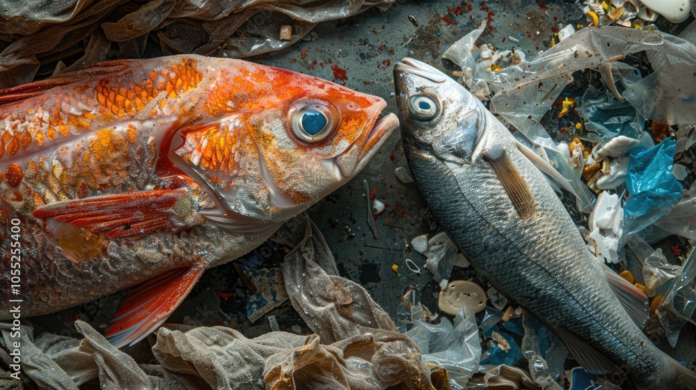 Polluted ocean. Garbage and waste. Animals suffer from pollution ...