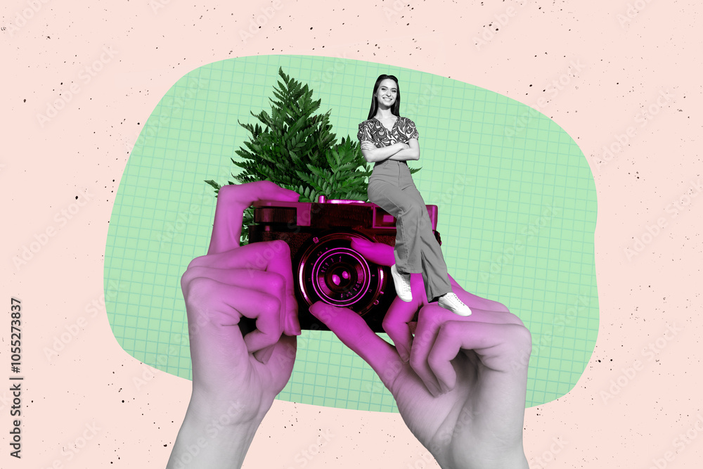 Composite photo collage of happy girl stand old photo camera device ...