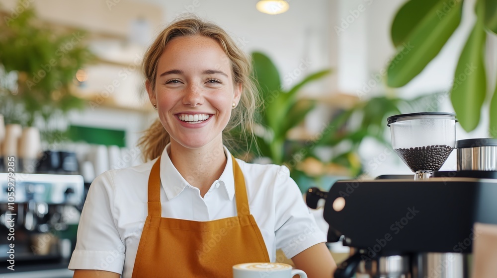 Friendly barista in apron, smiling behind espresso machine, embodies ...
