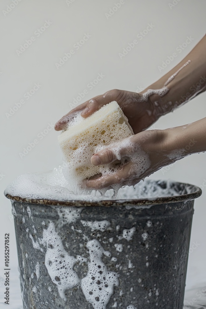 Hands wringing out a soapy cloth over a metal bucket, with water ...