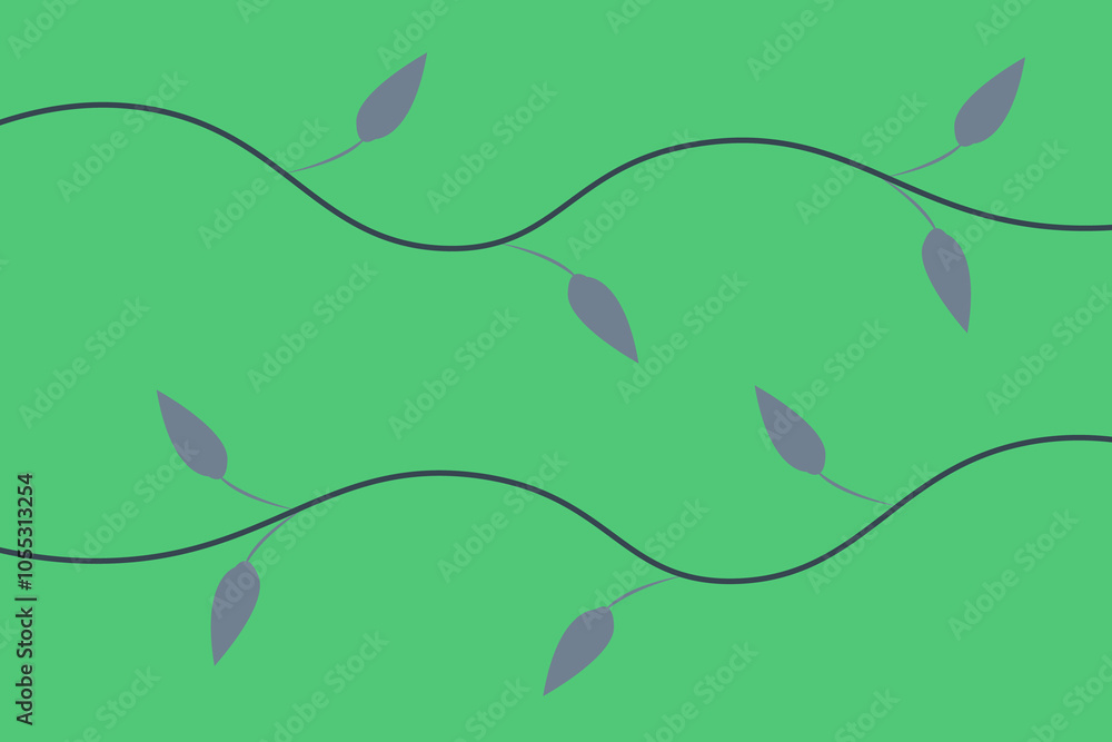 Pattern of Blue Leaves on Wavy Stems Against Green Background for Decor ...