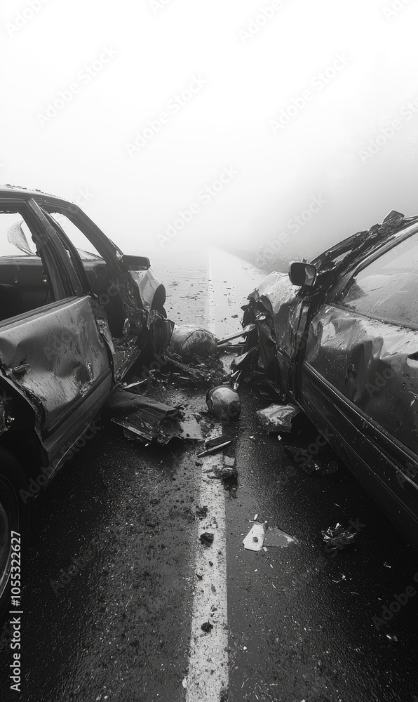 Road accident scene, chaos and devastation following a car crash ...