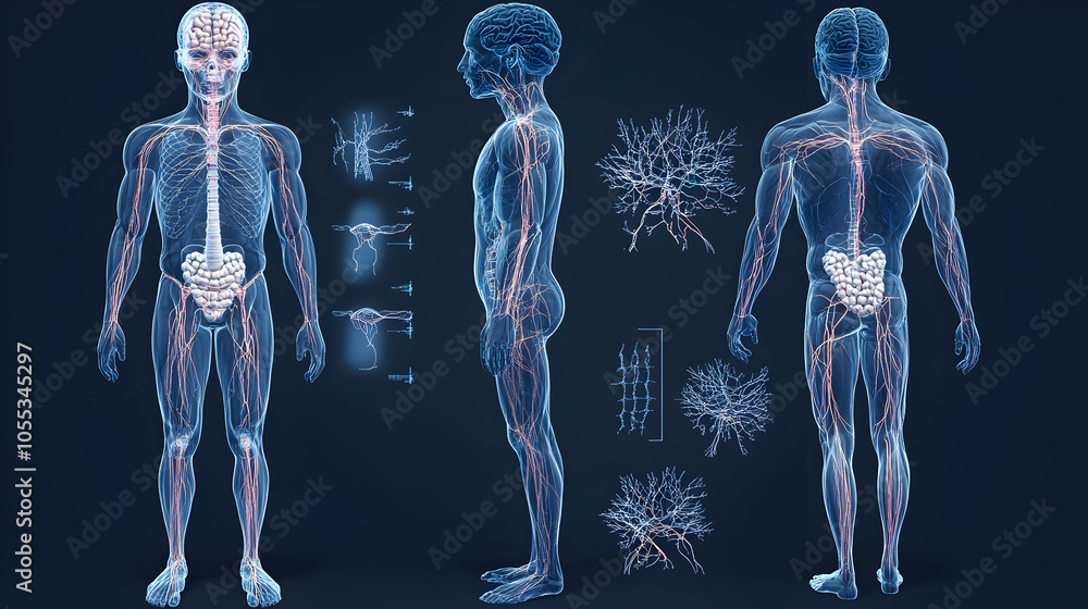 3D illustration of human nervous system, digestive system, and brain ...