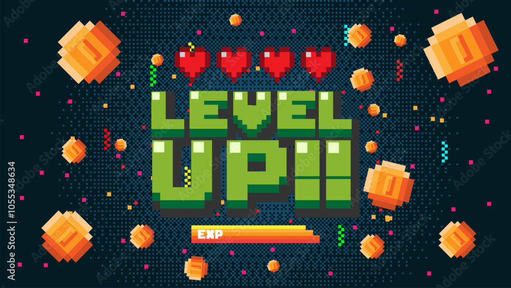 Vector de Stock LEVEL UP text with gold coin ,with life hearts indicator on blue background ...