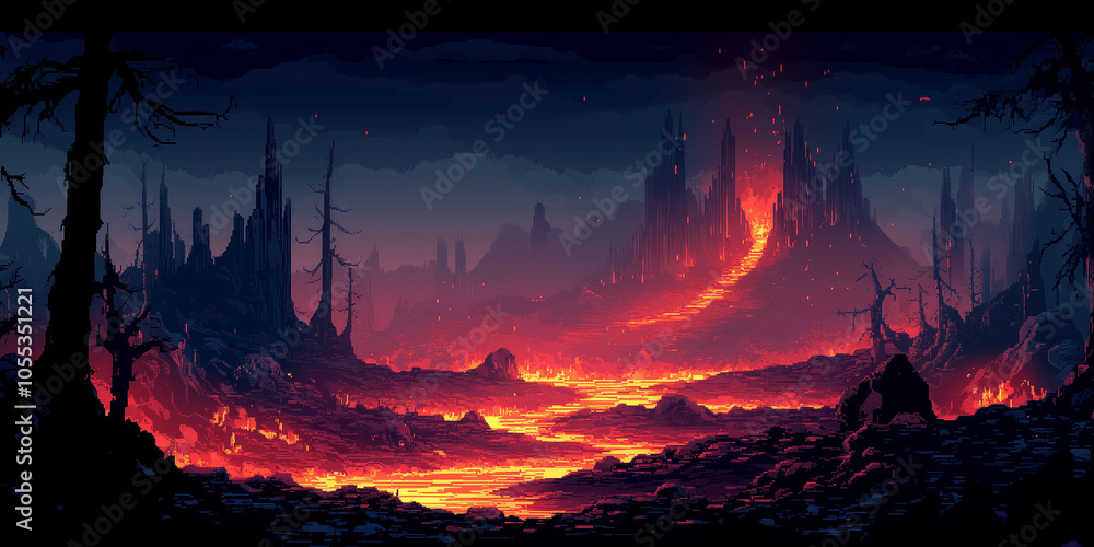 Video game interface background of hellish landscape with rivers of ...