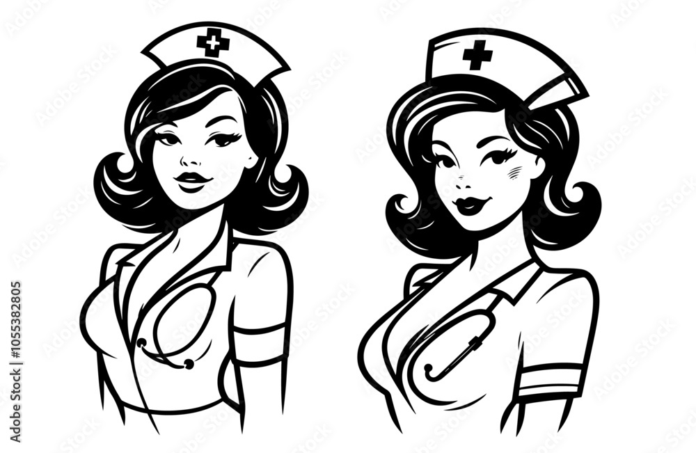 expressive pin-up girl nurse illustration in line art, perfect for ...