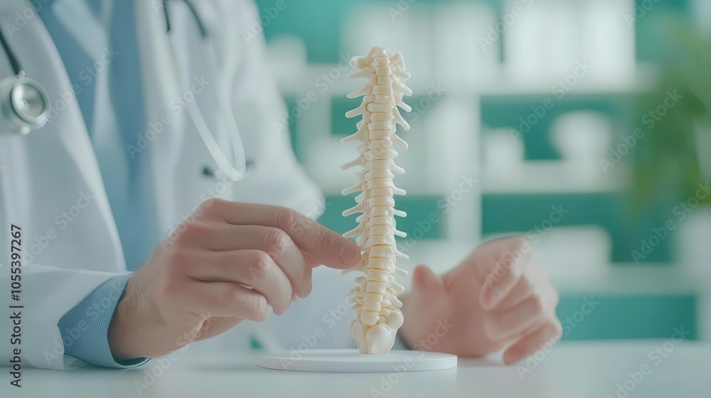 Doctor showing a 3D model of a spine to a patient, clean and modern ...