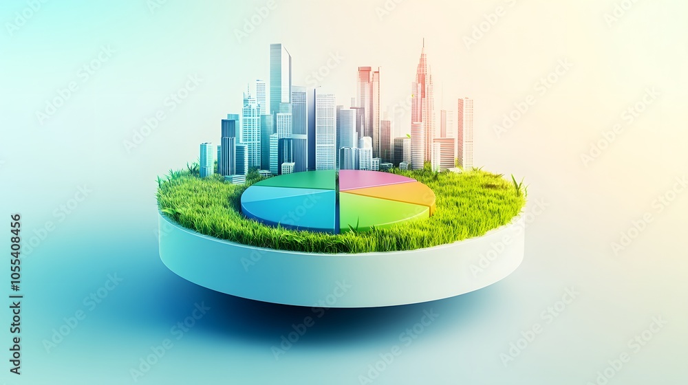 A modern 3D floating pie chart with 7 pieces divided into 65%,13%,7%,5% ...
