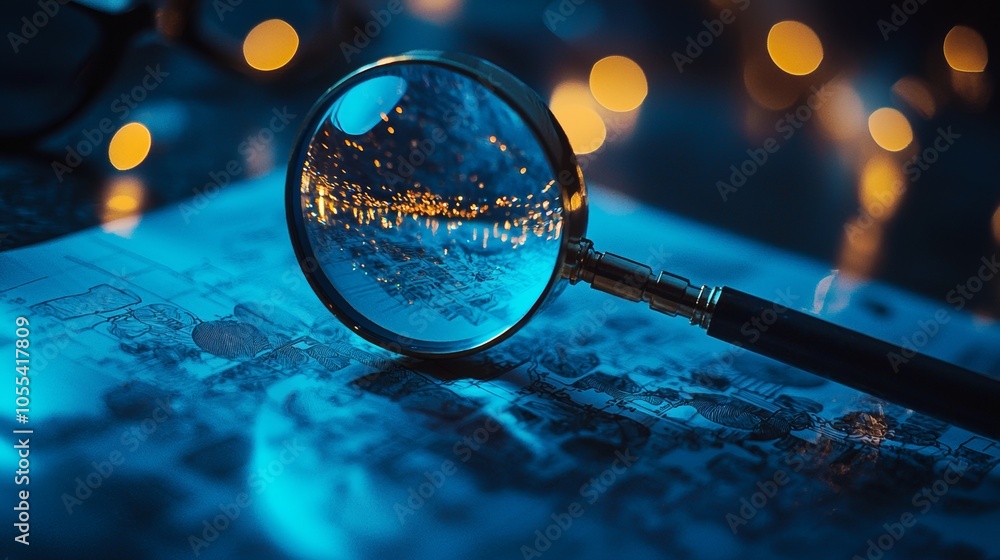 Magnifying glass reflecting golden lights on a dark surface Stock ...