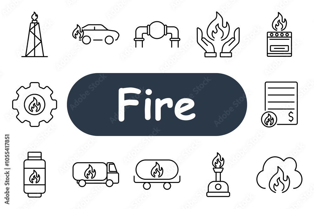 Fire set icon. Oil rig, burning car, pipeline, stove, gas truck ...