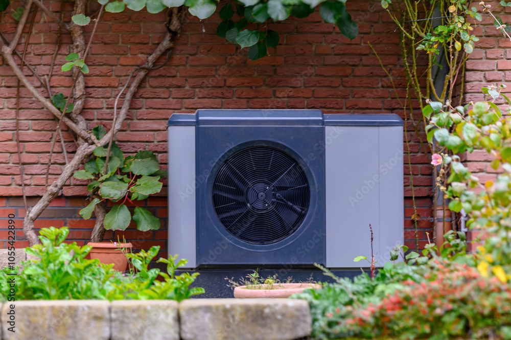 Air source heat pump unit installed on the exterior of residential ...