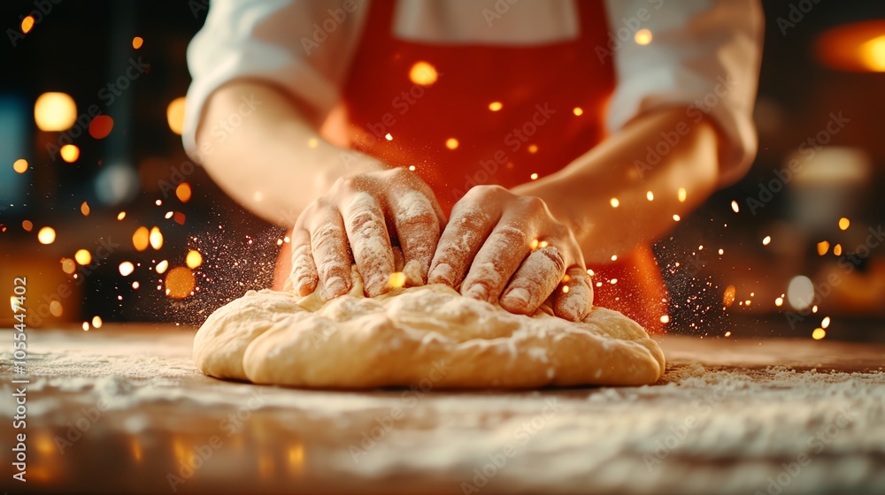 Hands kneading sourdough dough, flourdusted table, artisanal baking ...