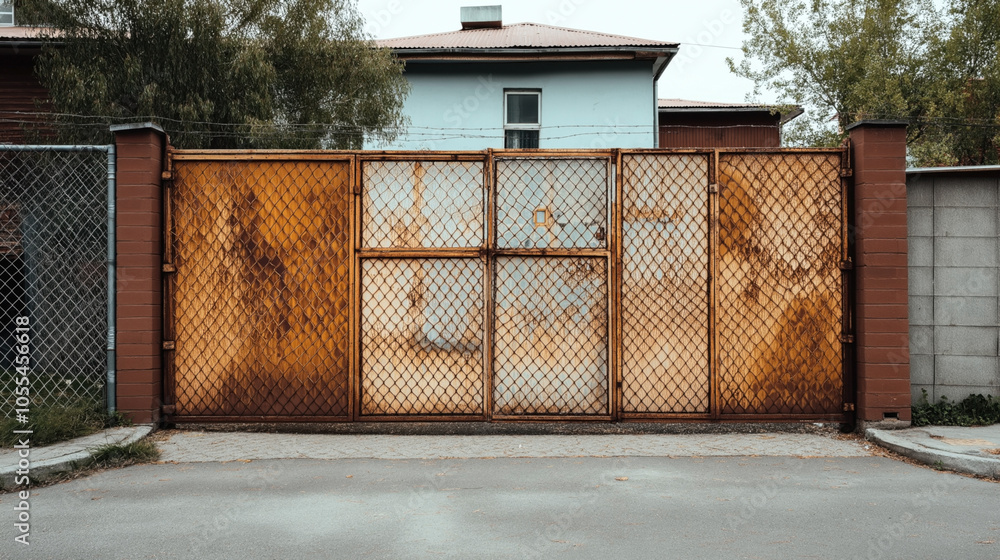 Rusty metal gate with chain-link pattern in front of residential ...