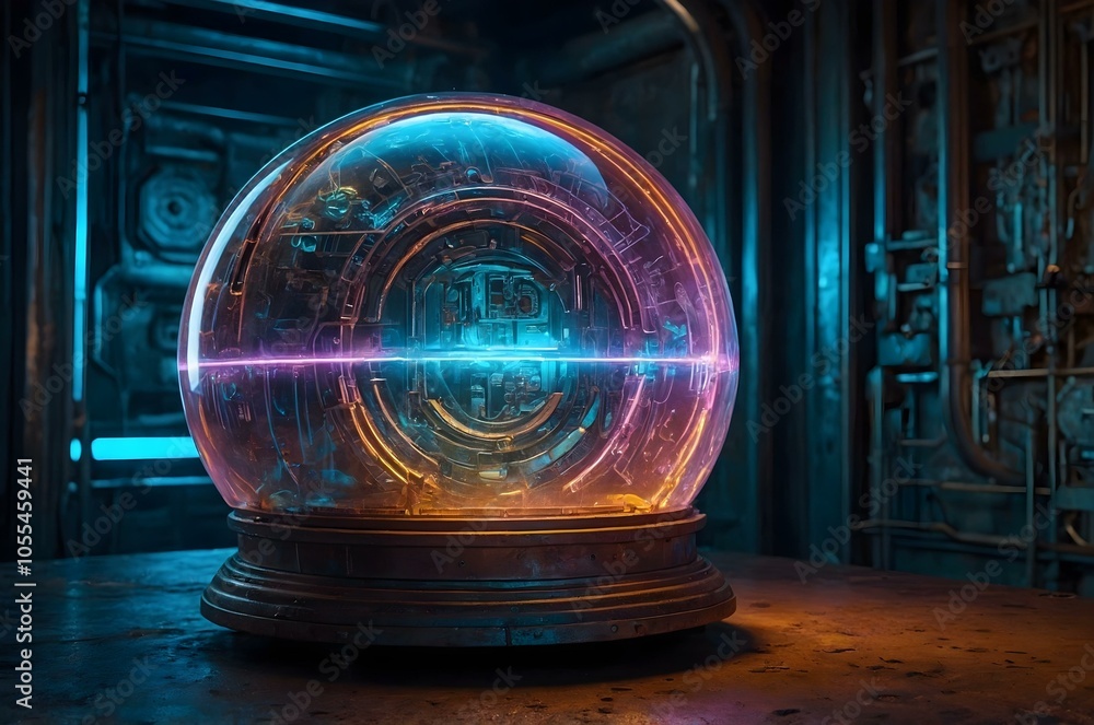 A spherical time capsule radiates blue and purple hues, its intricate ...
