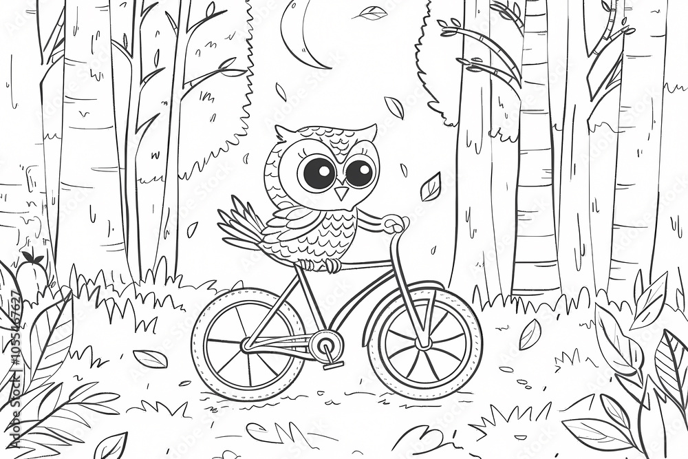 A whimsical cartoon owl, with big eyes and wings, rides a bicycle through a forest filled with ...