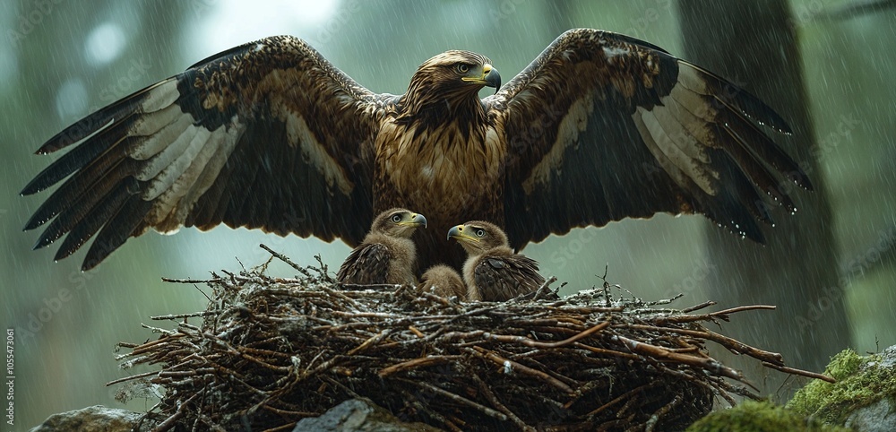 Stock-Foto „An eagle with two hatchlings in its nest. It is raining outside, and the eagle has ...