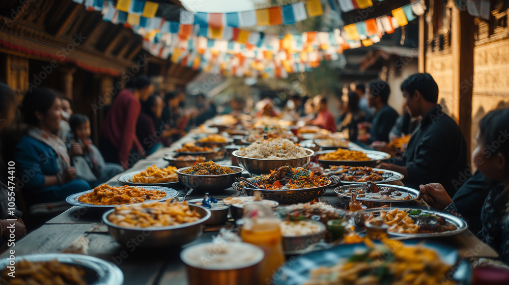 Losar guest, table full of typical Nepalese dishes, family gathered ...