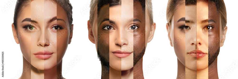 Collage featuring three faces made with portraits of various people of ...