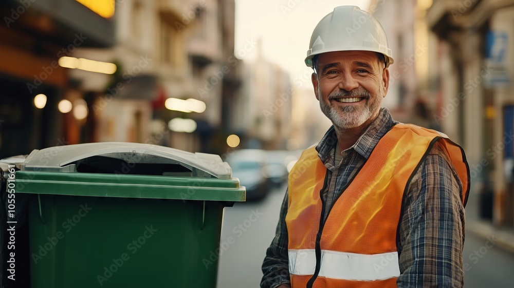 Smiling garbage collector posing with a wheelie bin in the city Stock ...
