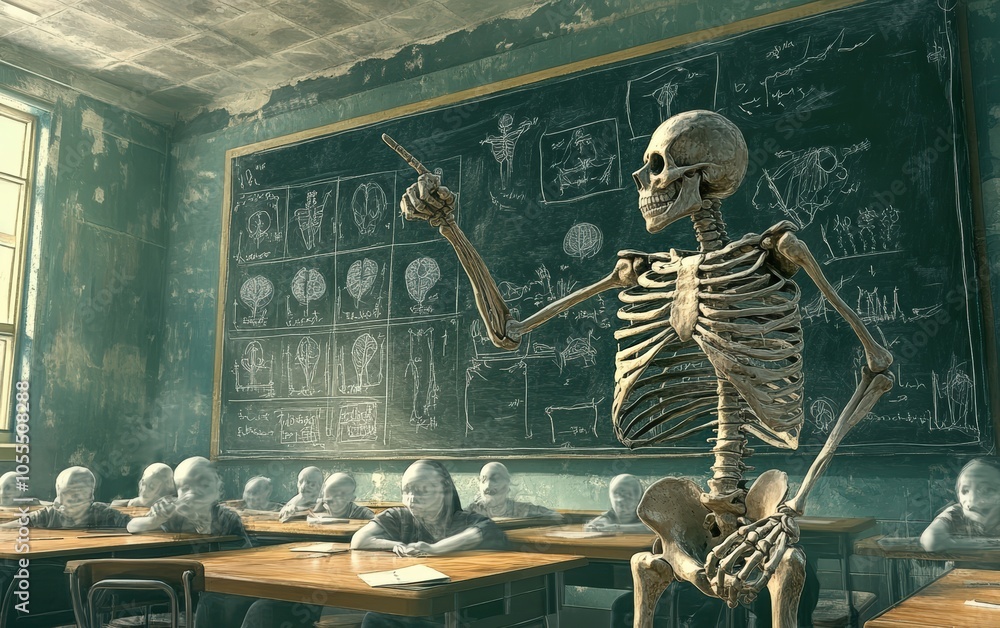 Skeleton Teacher: A skeleton standing in front of a chalkboard covered in anatomy diagrams ...