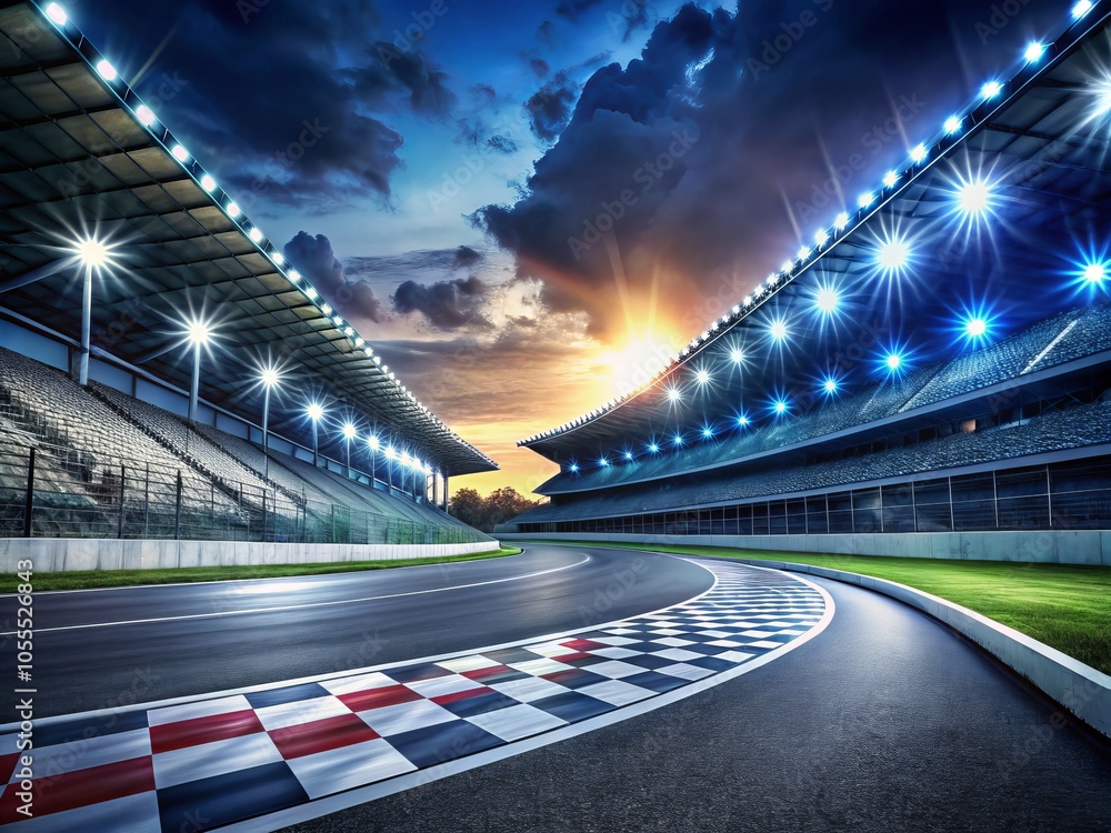 Nighttime racing track finish line illuminated by a vibrant sports ...