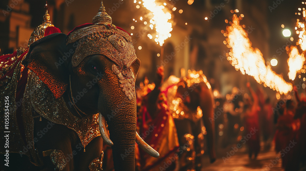 Kandy Esala Perahera, procession of elephants decorated in gold and red ...