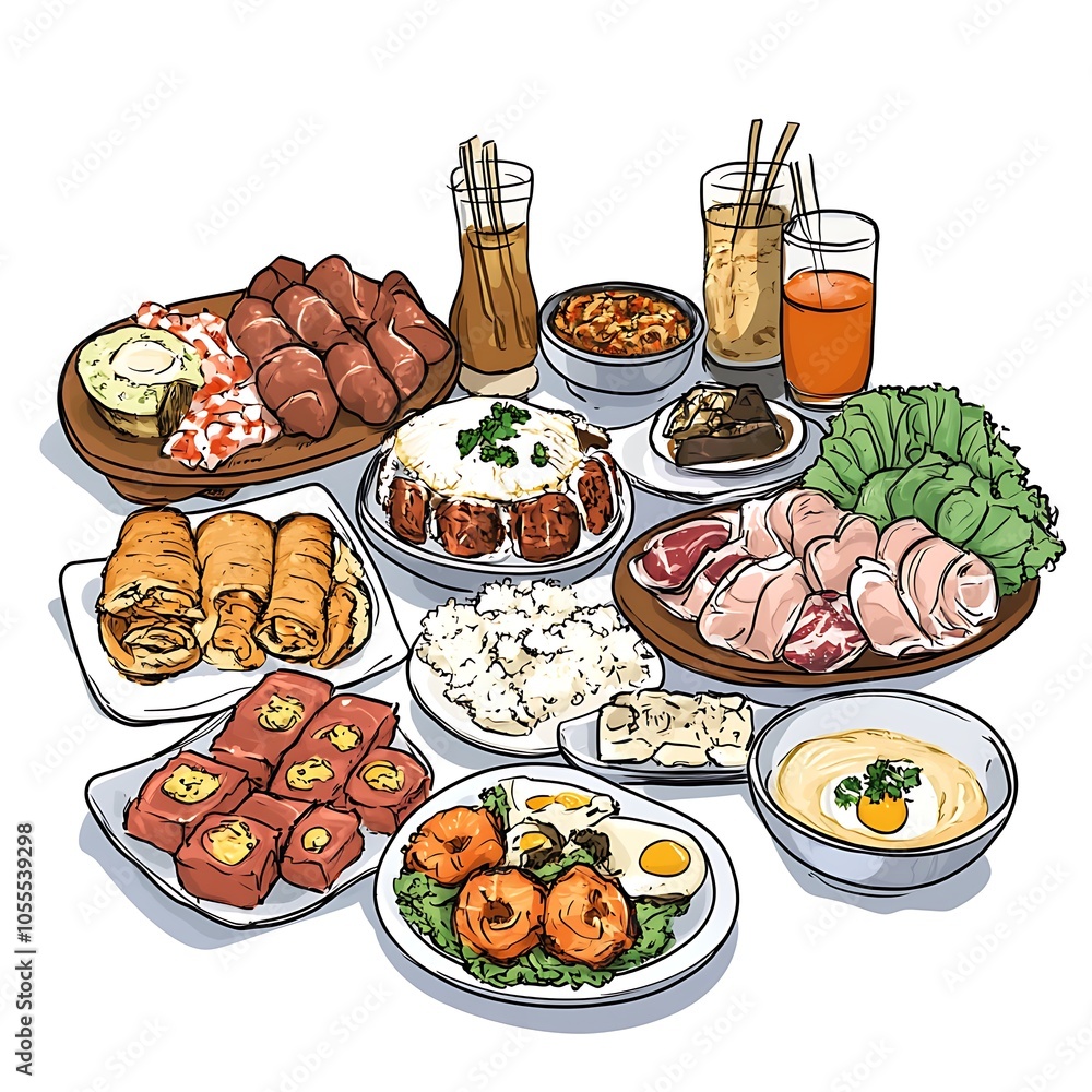 Cartoon famous food items from various countries displayed on a table ...