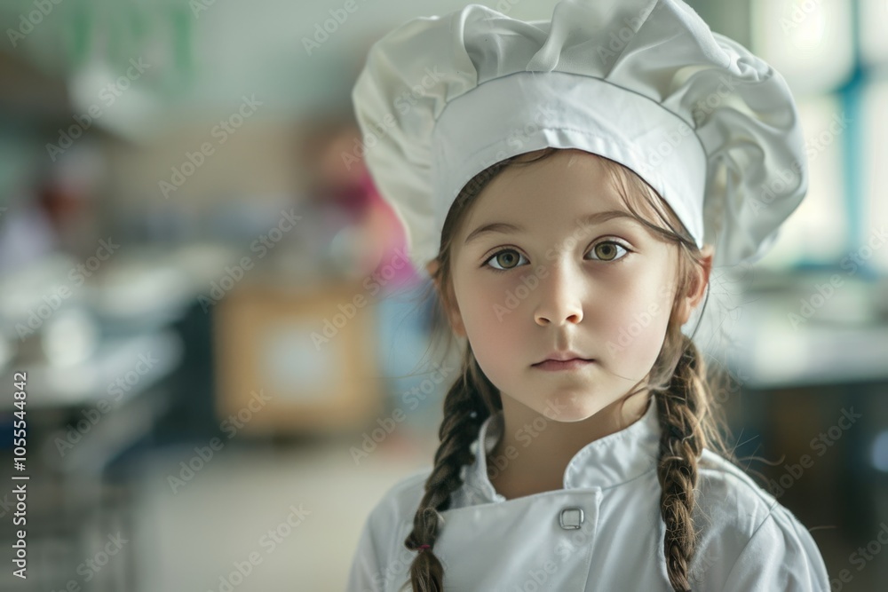 photo of a young girl dressed in a cook suit and wearing a chef hat ...