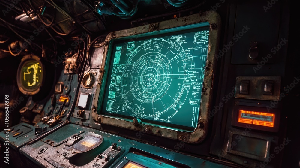 Sonar screen inside a submarine detecting the movements of sea ...