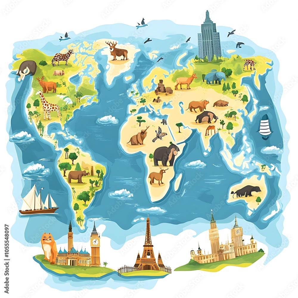 Cartoon world map with landmarks and animals representing different ...
