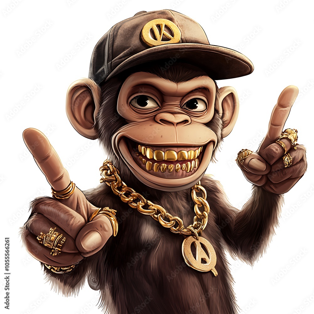 Cartoon monkey in a snapback hat and gold teeth, giving a peace sign on ...
