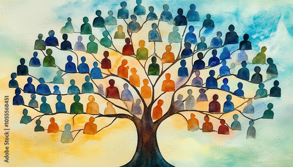 Watercolor tree with branches of connected human silhouettes, Tree of ...