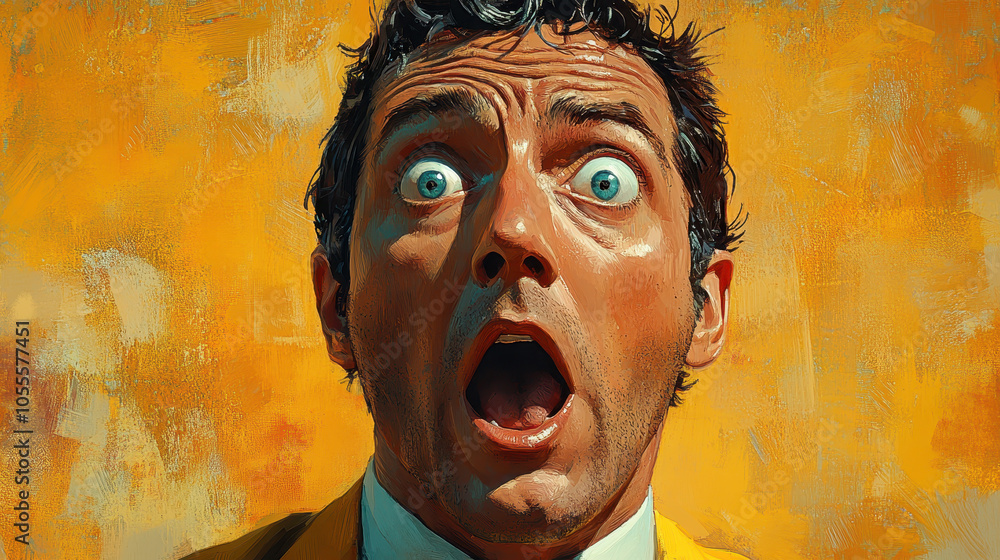 Shocked man in retro art style with expressive face against vibrant ...