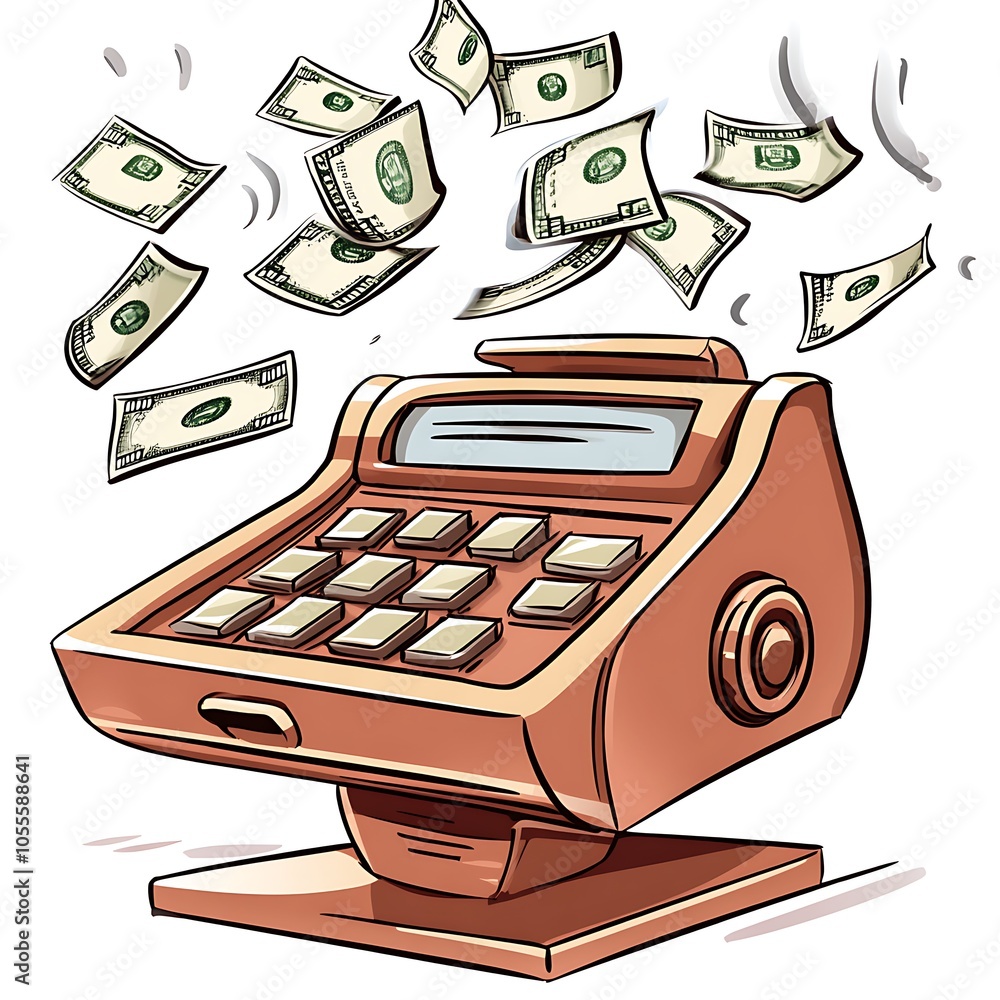 Cartoon happy cash register with bills flying out on a white background ...