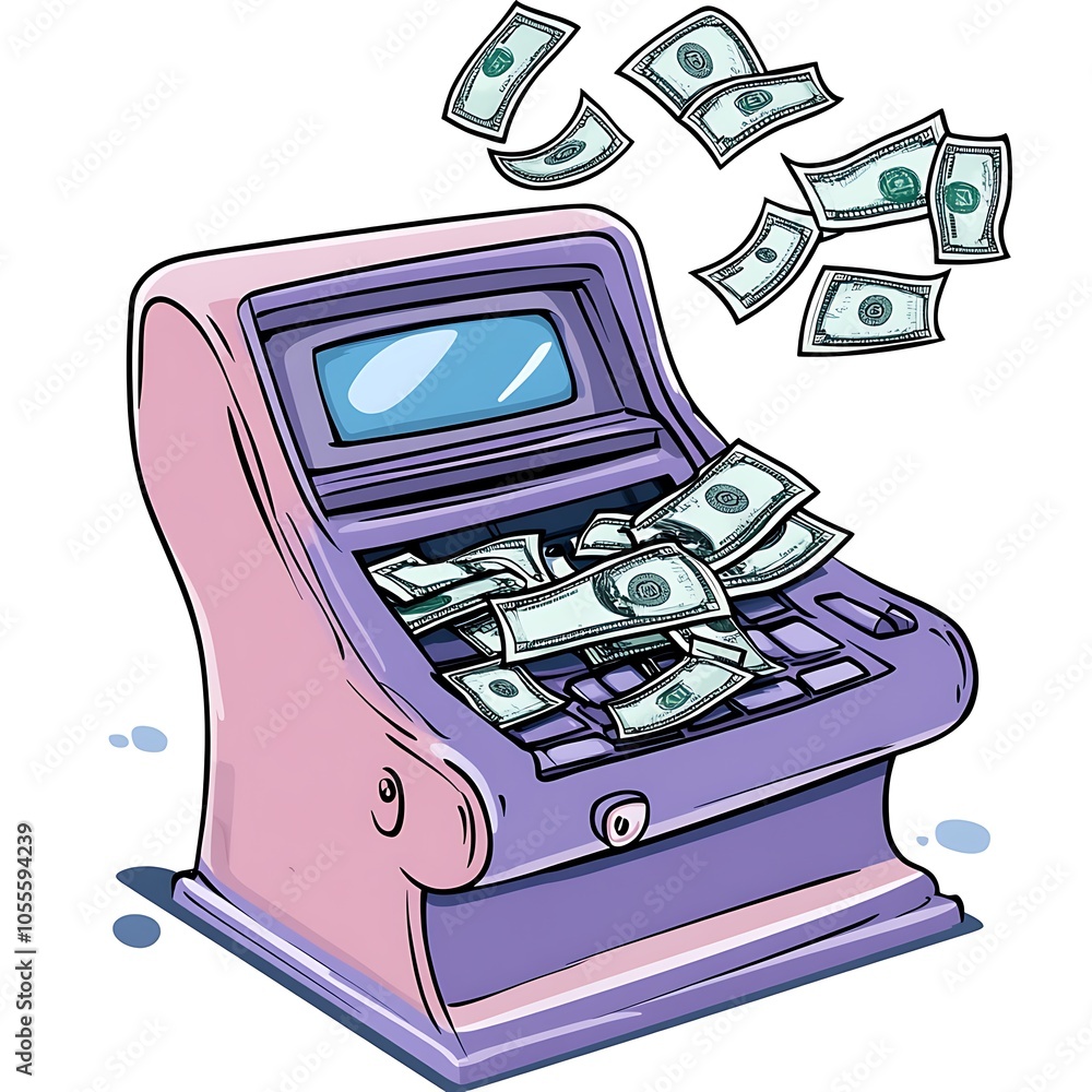 Cartoon happy cash register with bills flying out on a white background ...