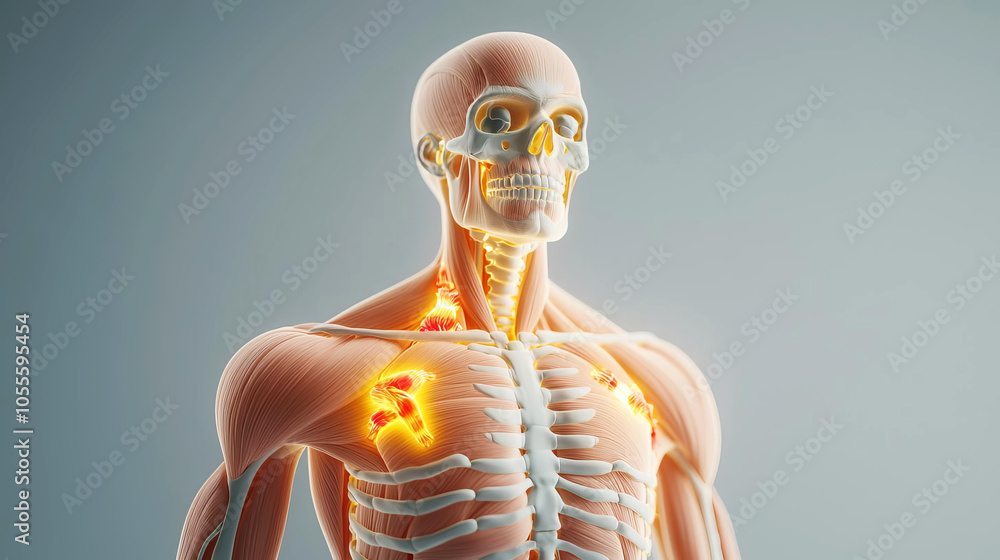 3D rendering of human muscle with highlighted inflamed areas indicating ...
