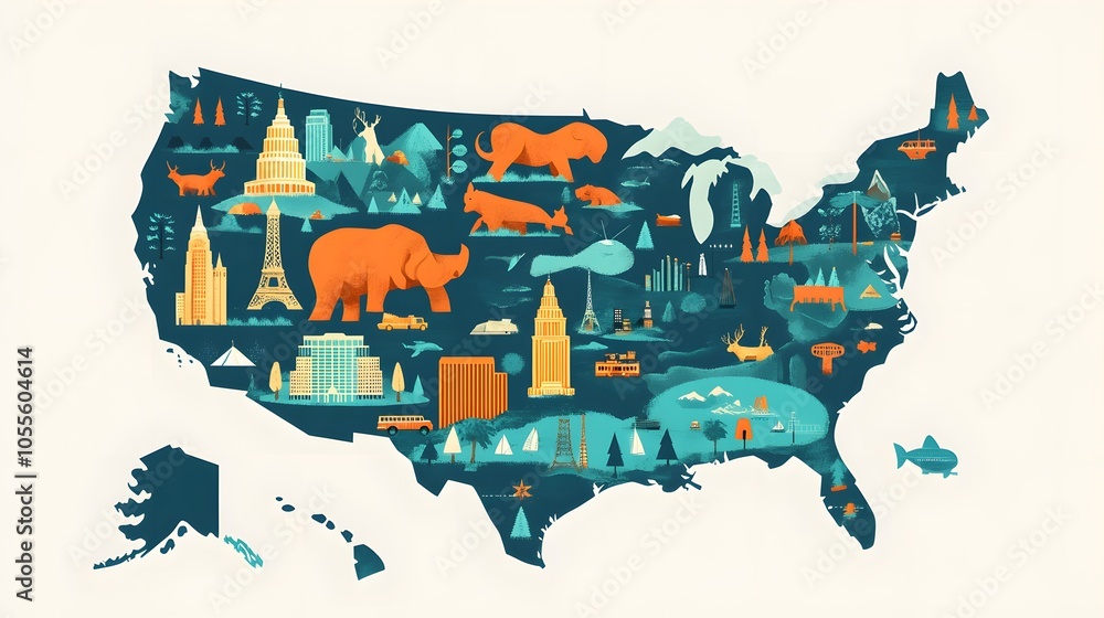 Illustrated Map of the United States Featuring Iconic Landmarks and ...
